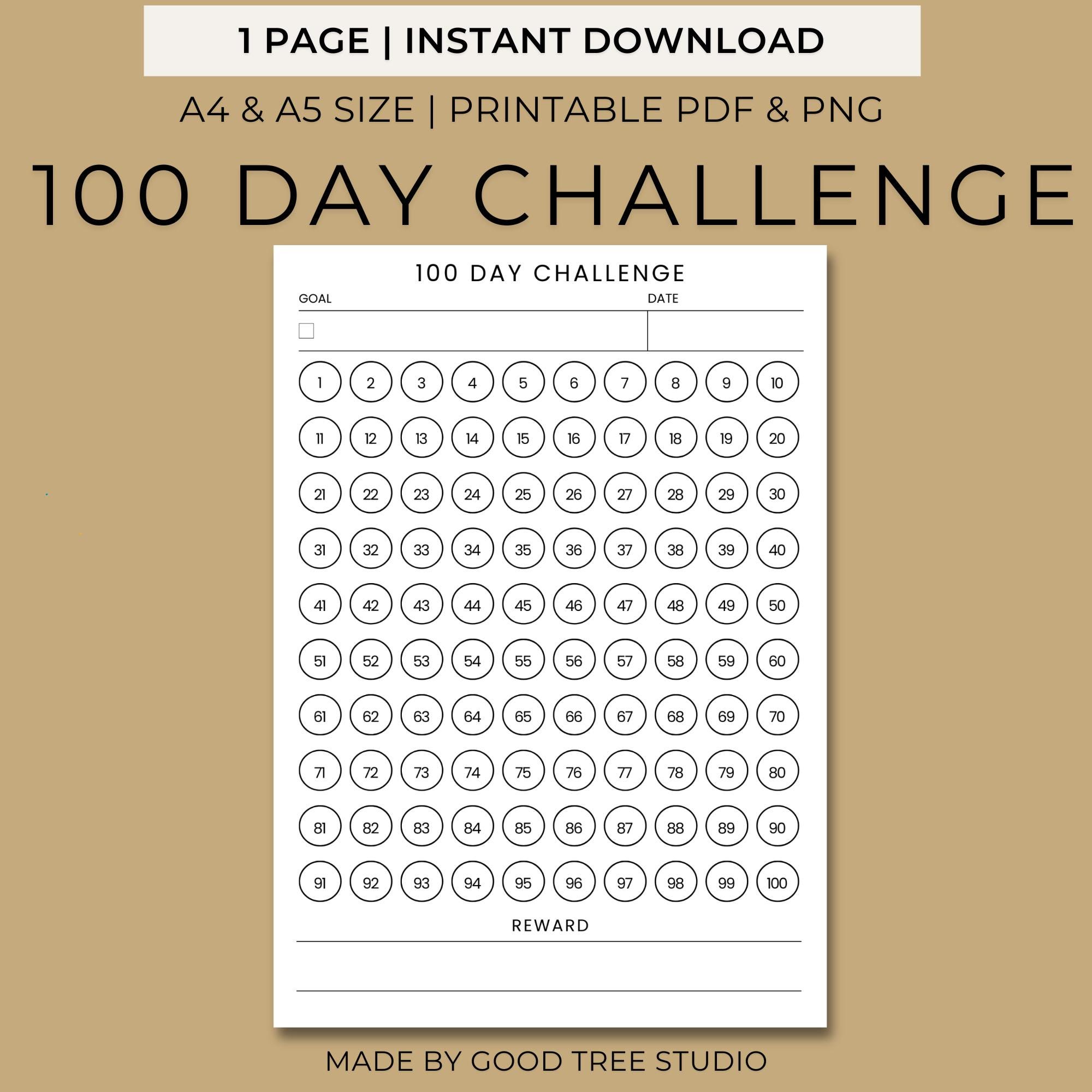 100 Day Challenge, Goal Setting, Progress Tracker, Habit Forming, A4/A5 ...