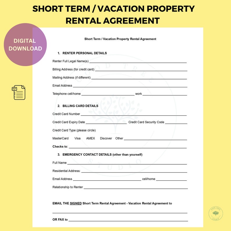 Short Term Rental Agreement Template: Vacation Lease Contract (PDF File ...