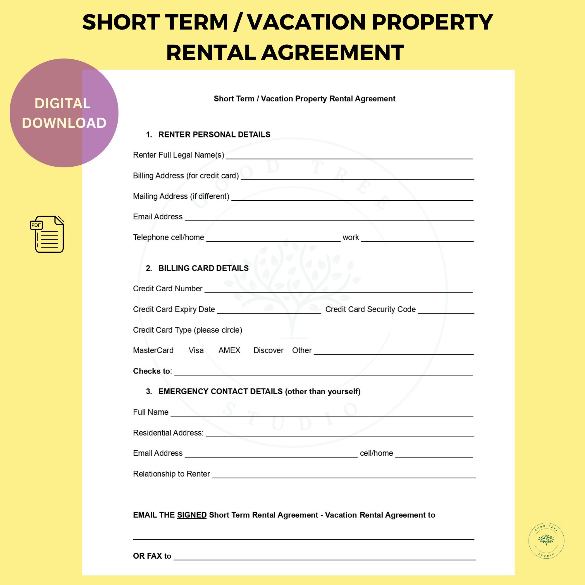 Short Term Rental Agreement Template: Vacation Lease Contract (PDF File ...