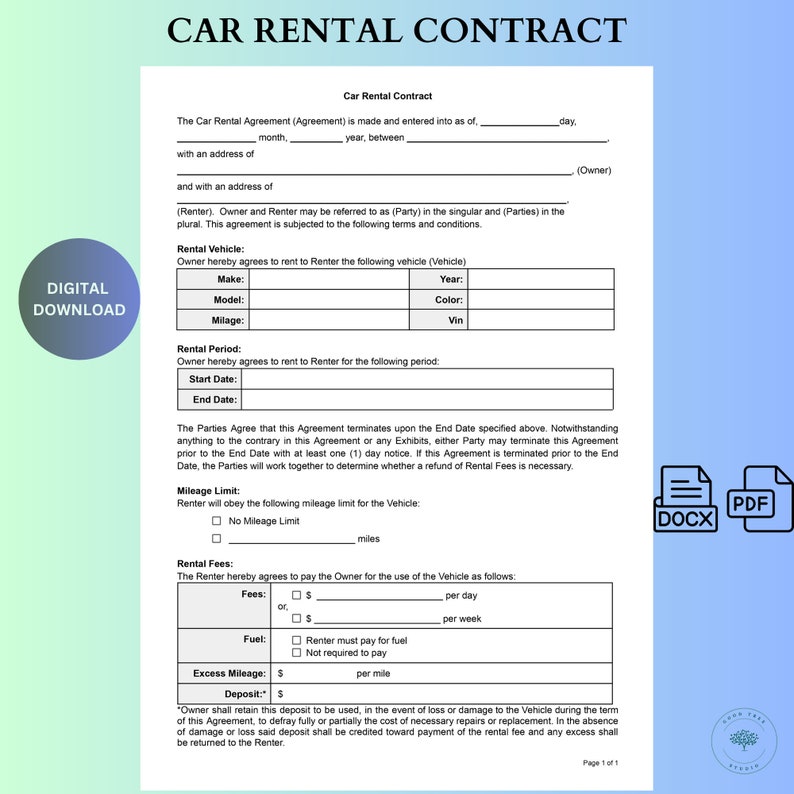 Car Rental Agreement Template: Editable Contract (PDF & Word) - Etsy