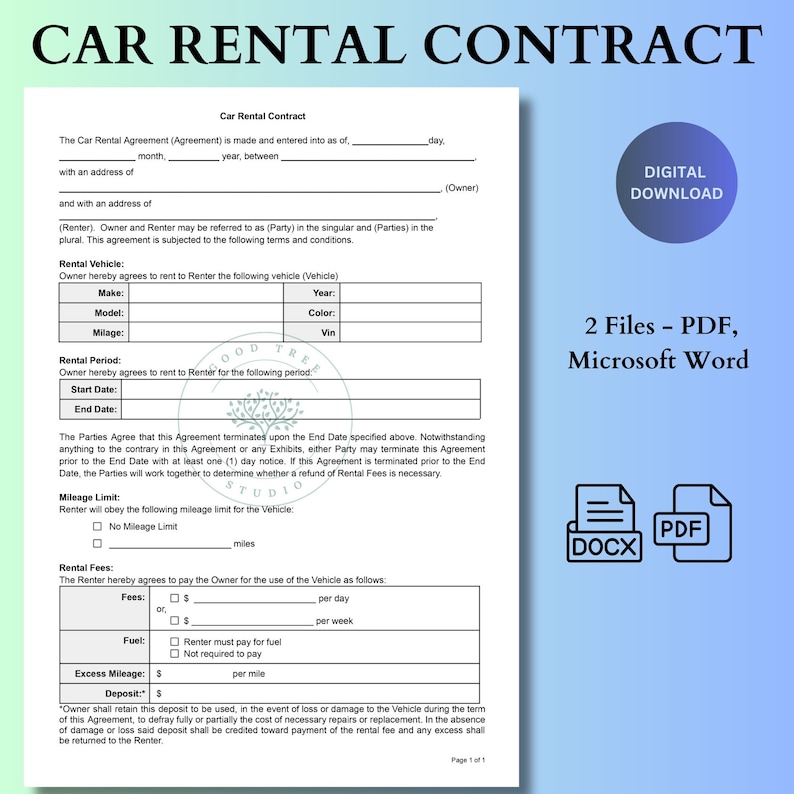 Car Rental Agreement Template: Editable Contract (PDF & Word) - Etsy