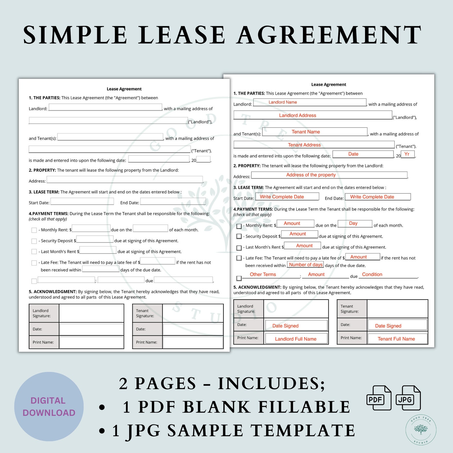 Simple Lease Agreement Editable Short Term Rental Agreement Template ...