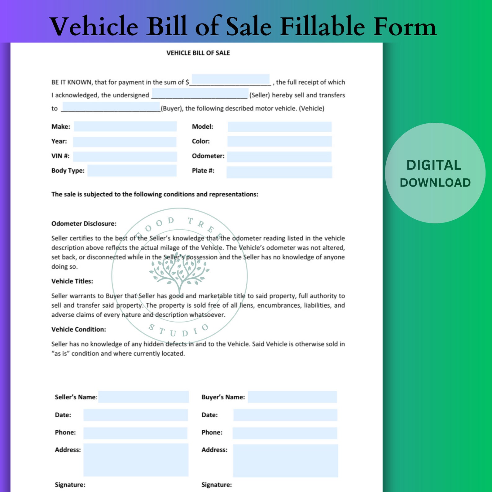 Fillable Motor Vehicle Bill of Sale Template (PDF & Word, A4/US Letter ...