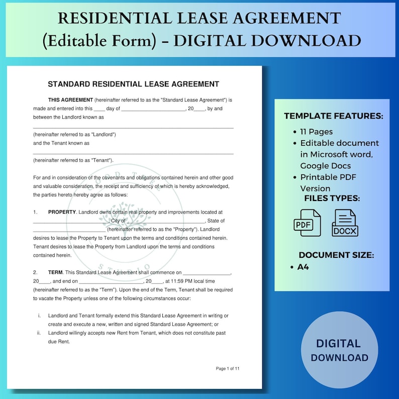 Residential Lease Agreement Template: Editable PDF & Word (A4) - Etsy