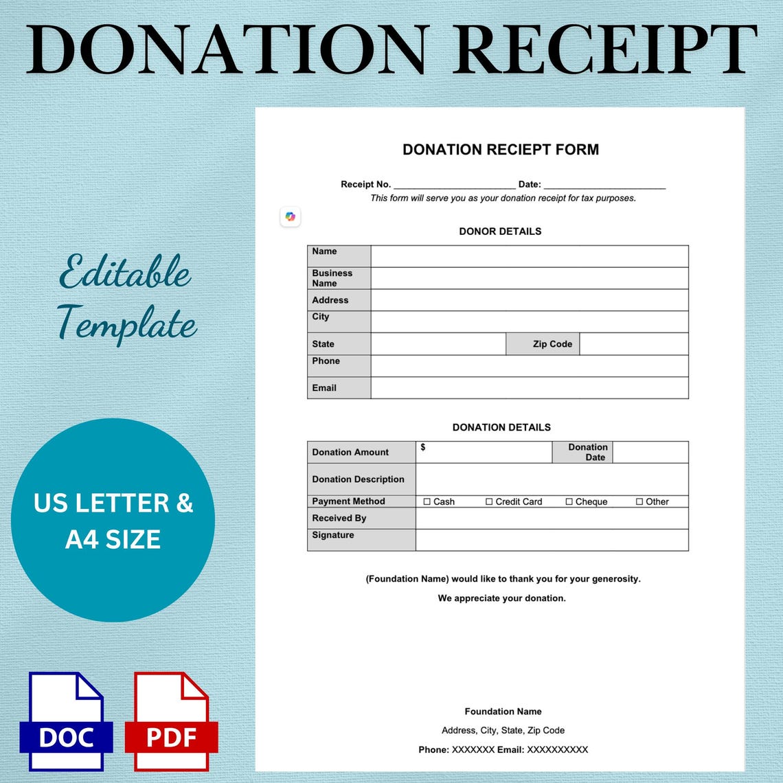 Non-profit Donation Receipt Template: Customizable Charity Form ...