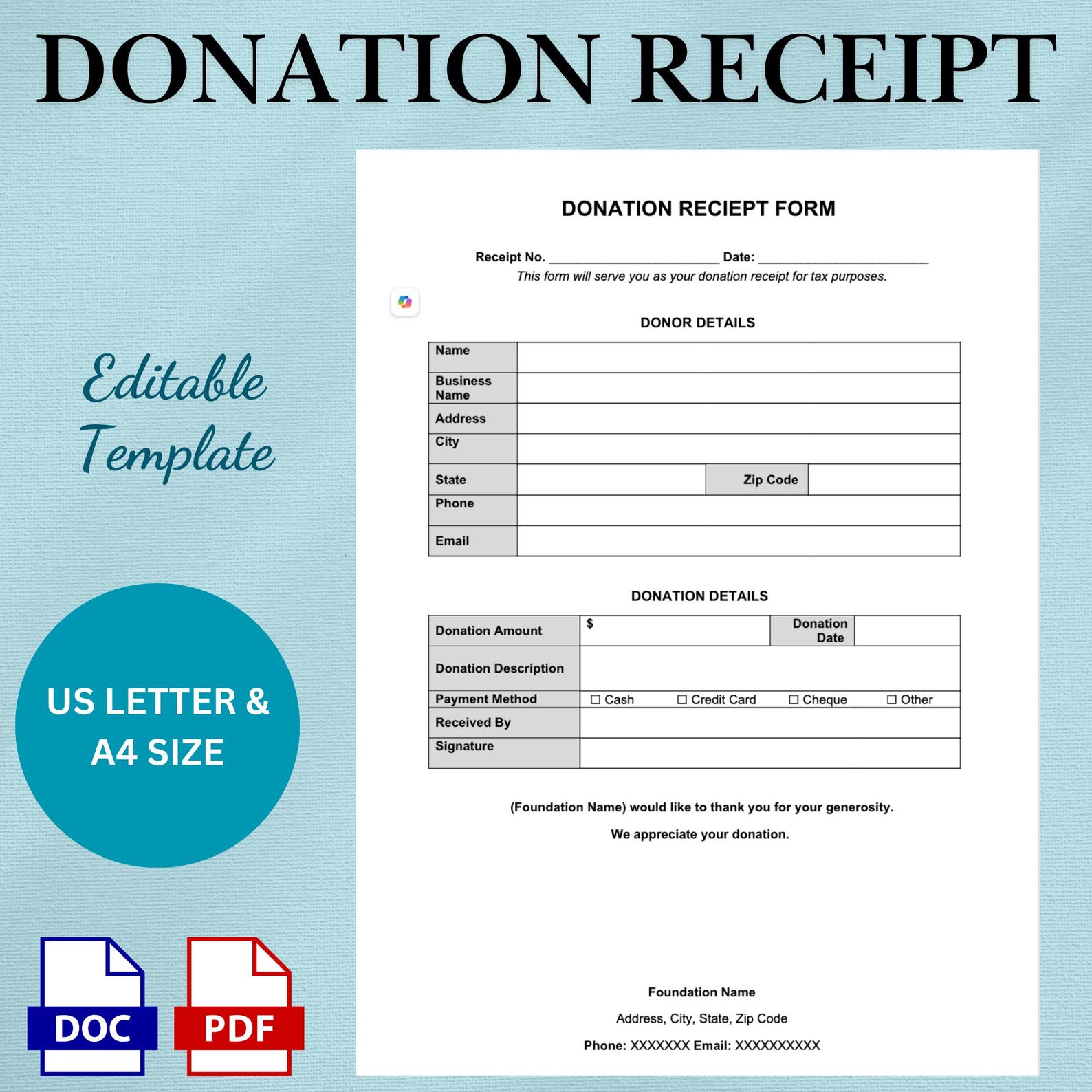 Non-profit Donation Receipt Template: Customizable Charity Form (microsoft Word & PDF) - Etsy