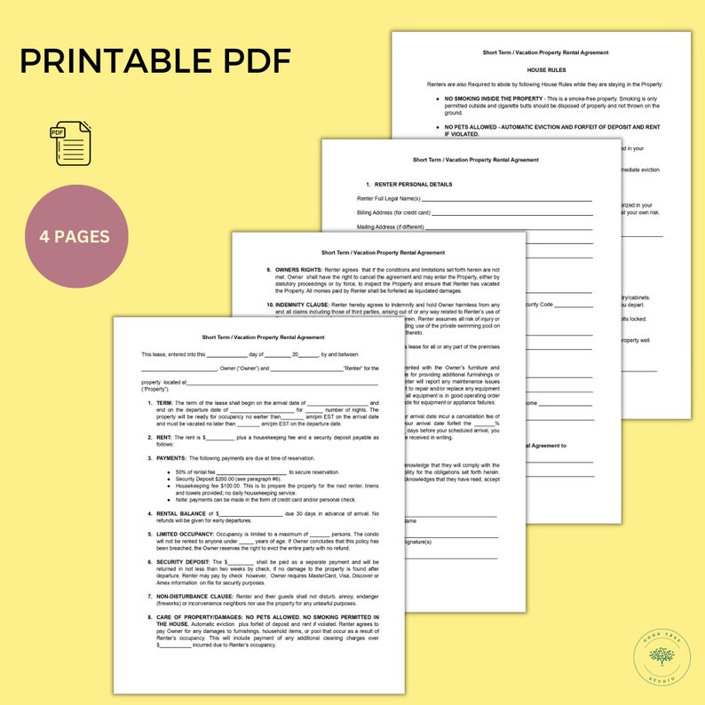 Short Term Rental Agreement Template: Vacation Lease Contract (PDF File ...