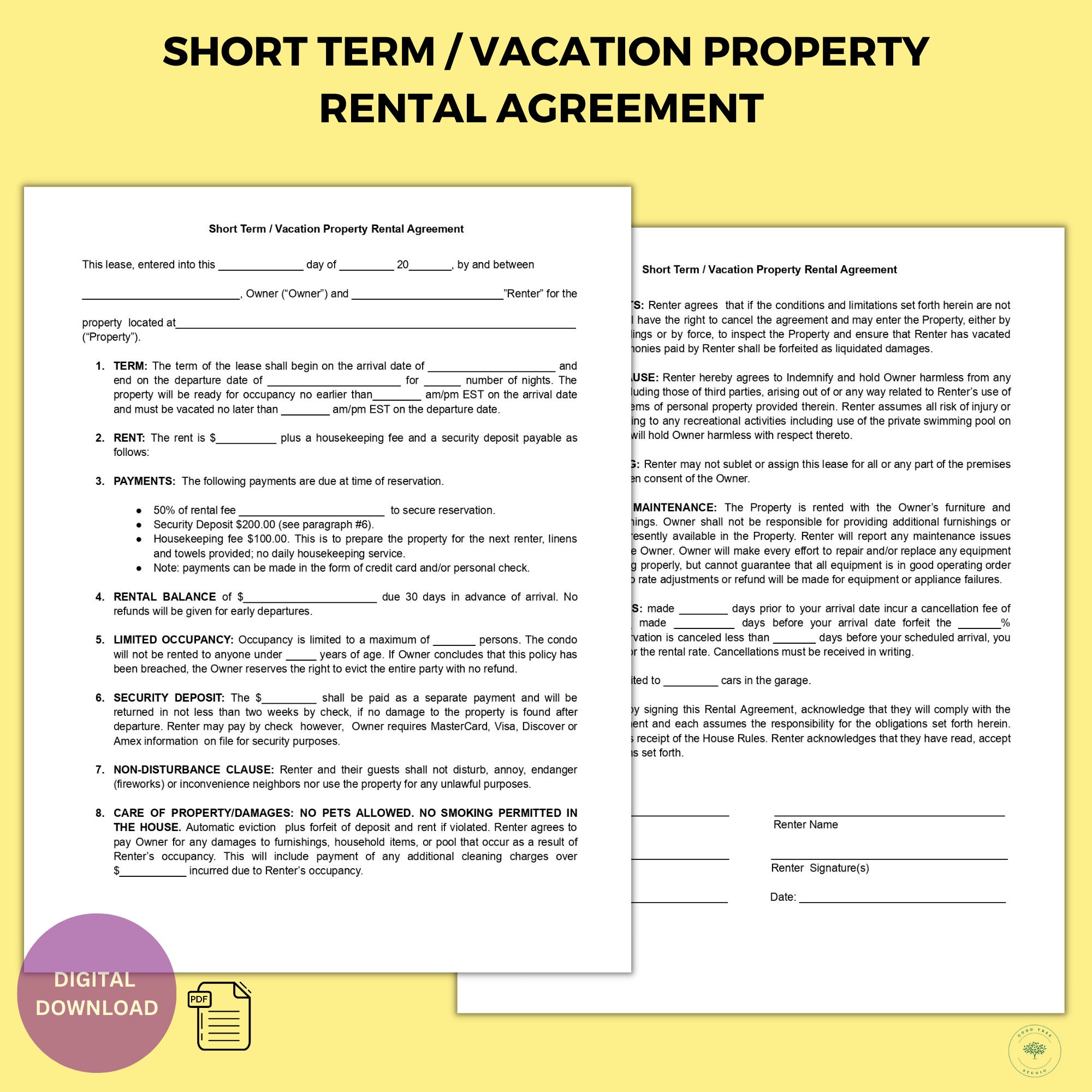 Short Term Rental Agreement Template: Vacation Lease Contract (PDF File ...