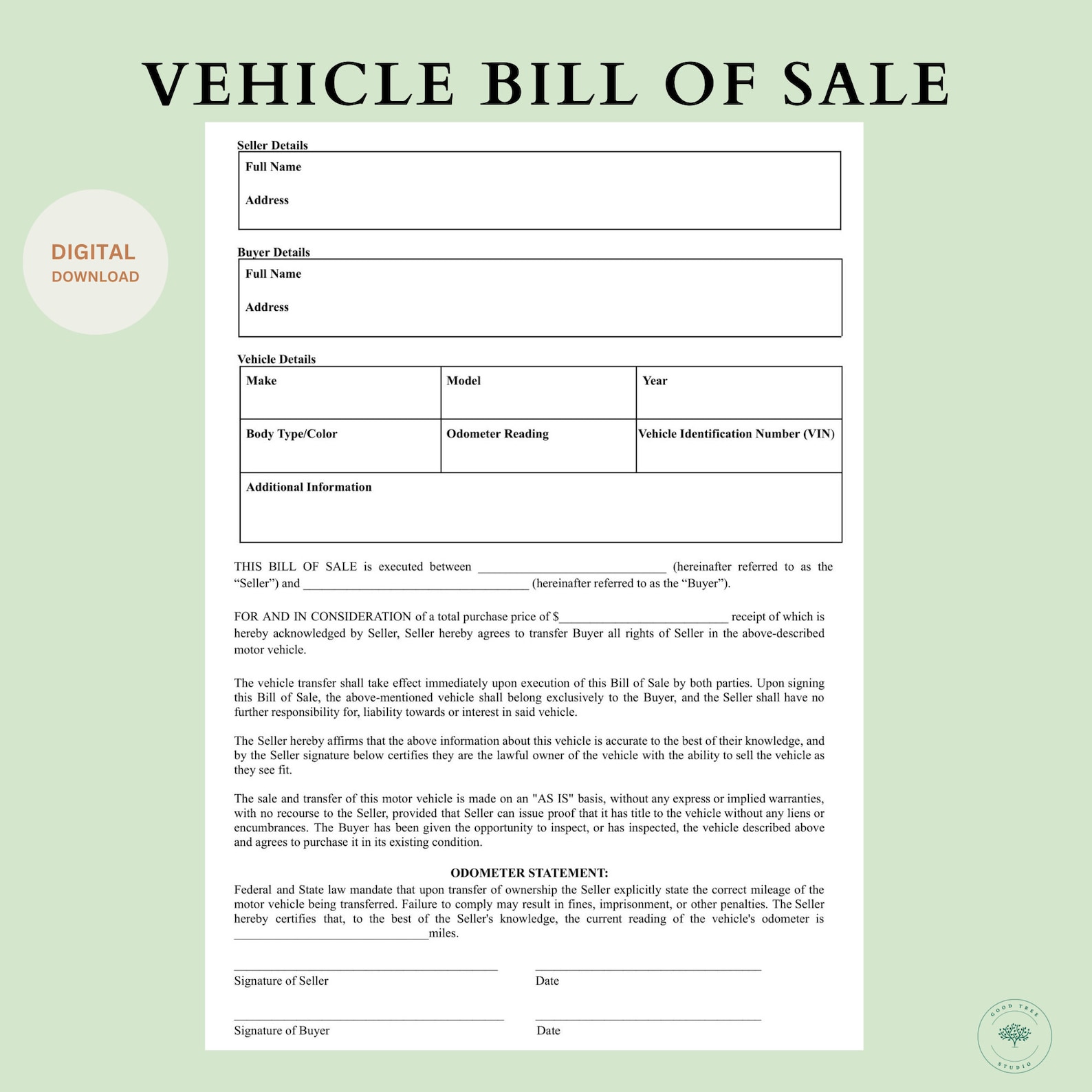 Simple Vehicle Bill of Sale, Motor Vehicle Sale Contract, Vehicle Bill ...