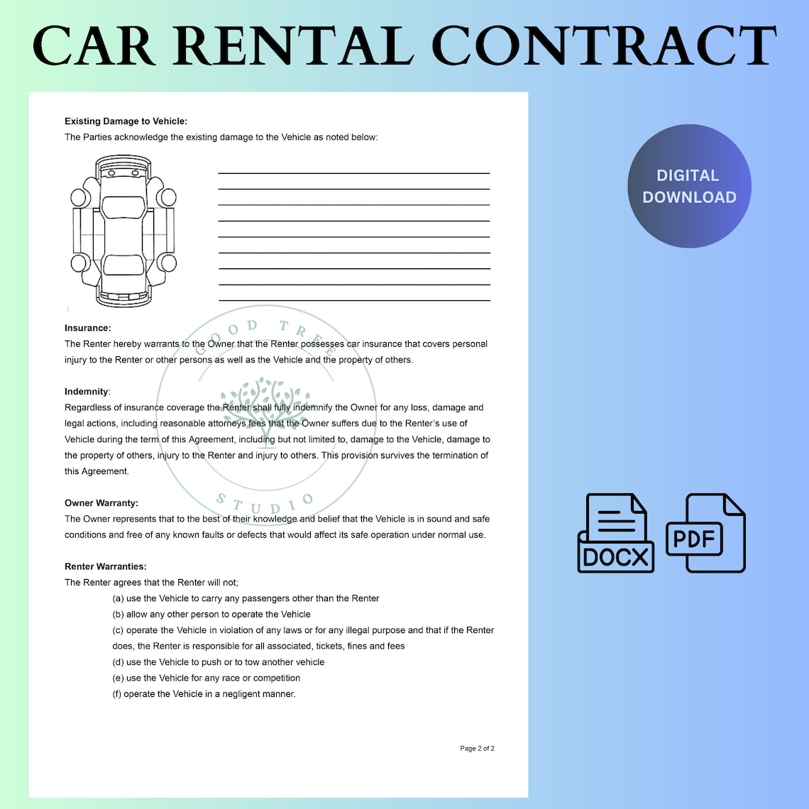 Car Rental Agreement Template: Editable Contract (PDF & Word) - Etsy
