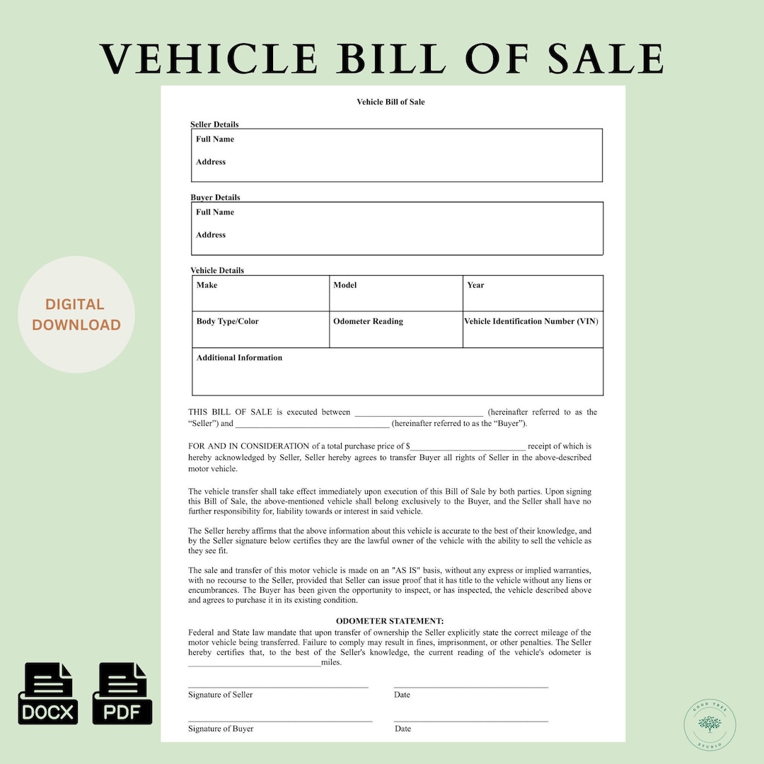 Simple Vehicle Bill of Sale, Motor Vehicle Sale Contract, Vehicle Bill ... Simple Vehicle Bill of Sale, Motor Vehicle Sale Contract, Vehicle Bill ...