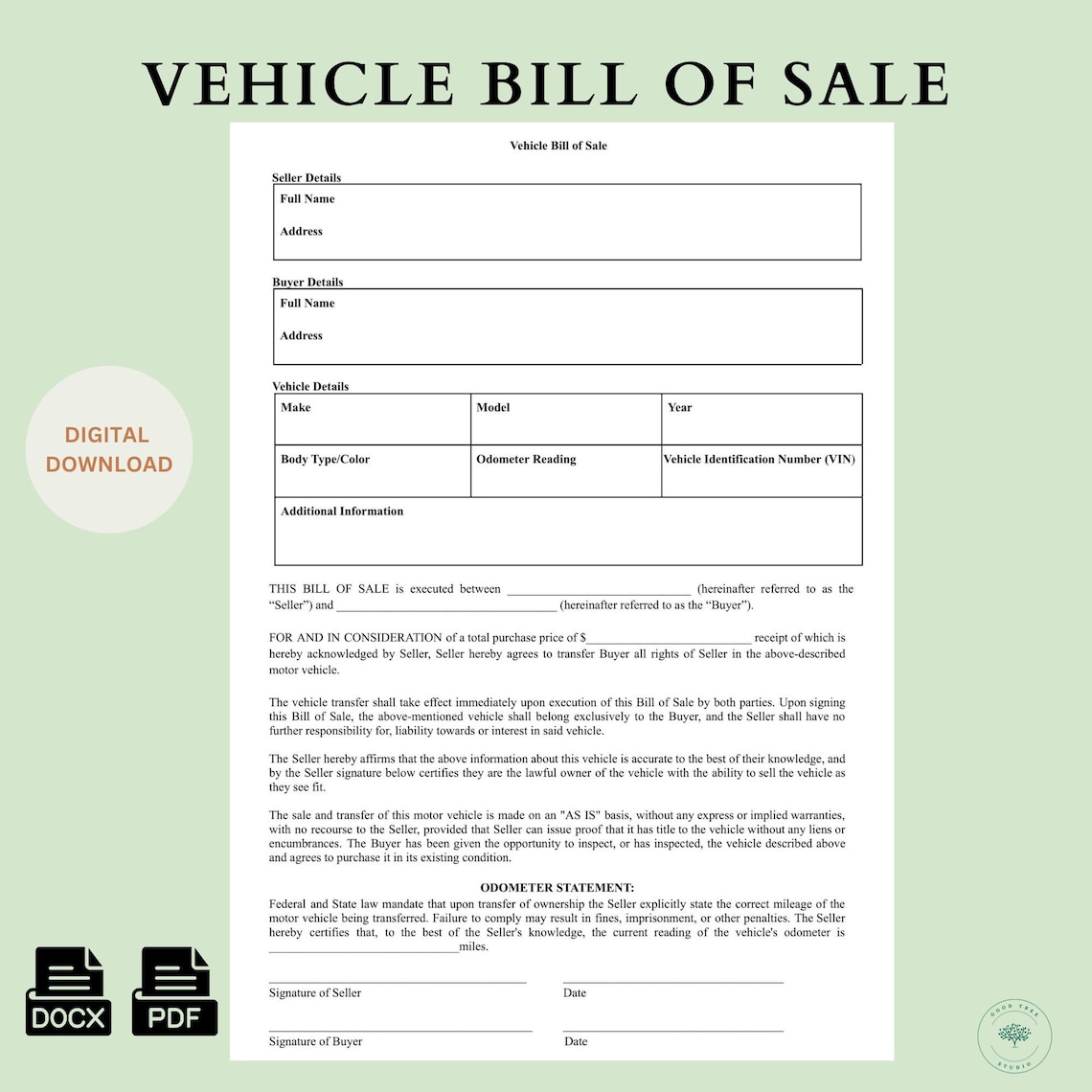 Vehicle Bill of Template, Printable Form (PDF, Word, Google Docs - Etsy