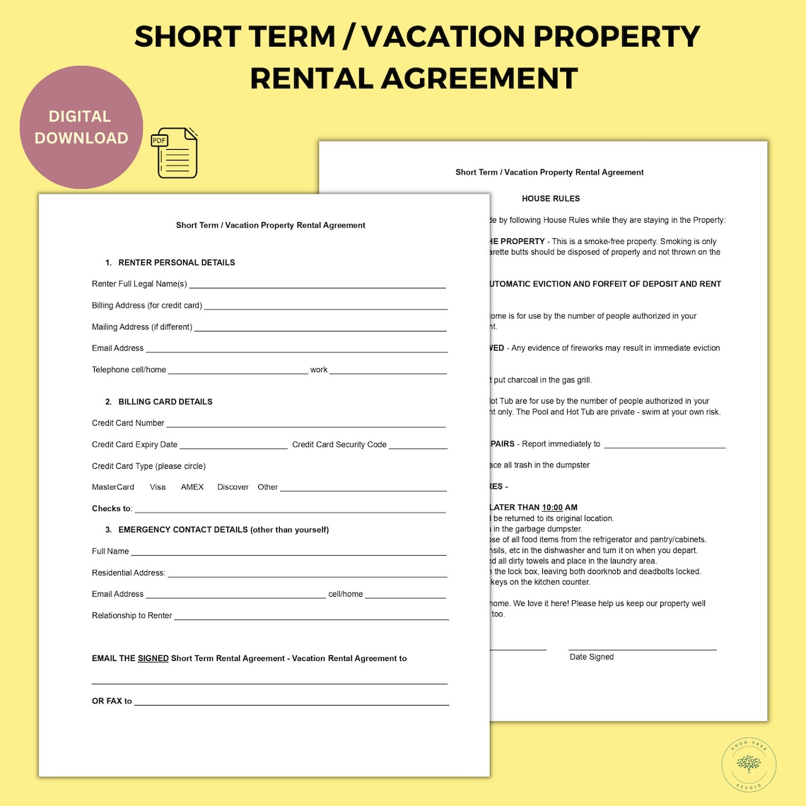 Short Term Rental Agreement Template: Vacation Lease Contract (PDF File ...