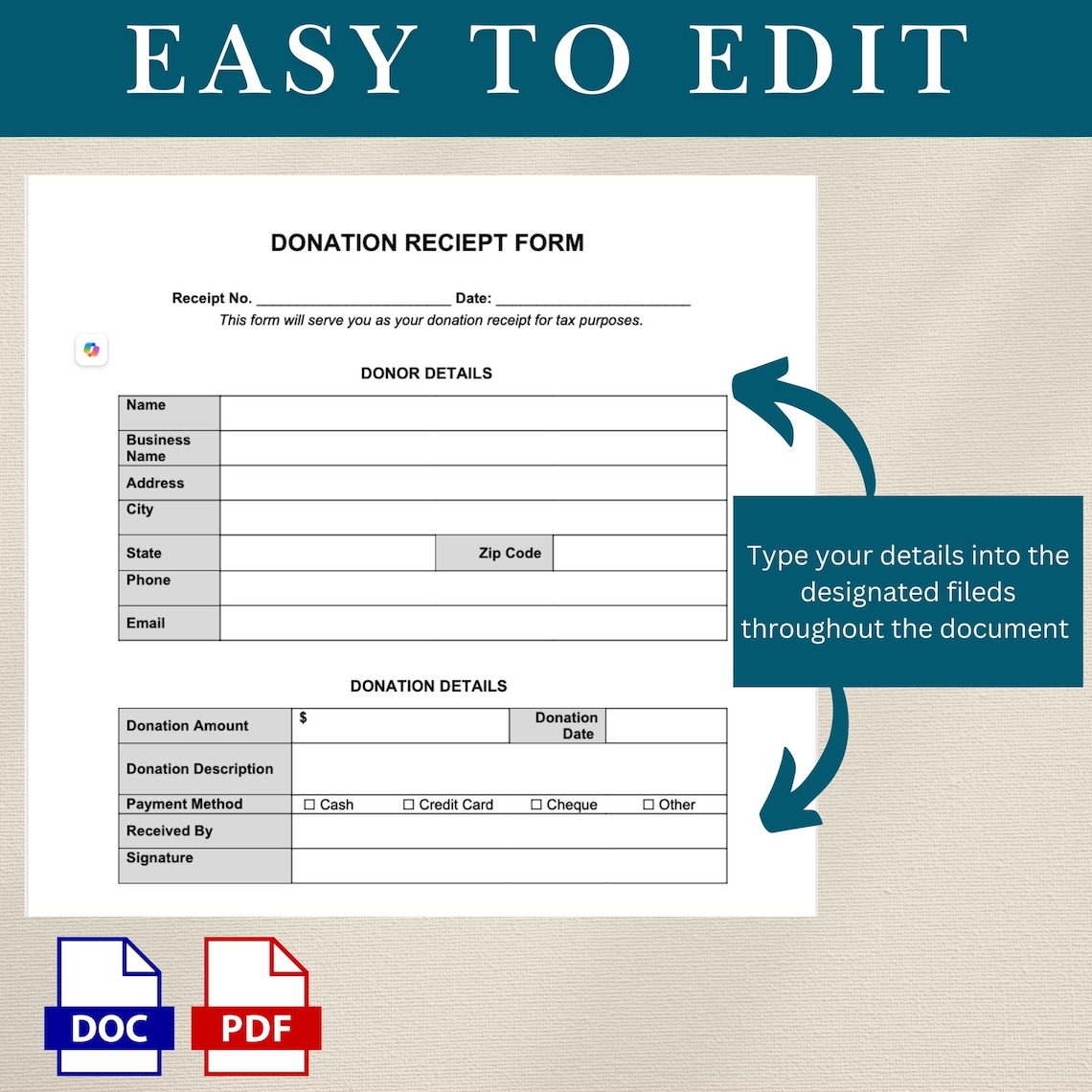 Non-profit Donation Receipt Template: Customizable Charity Form ...