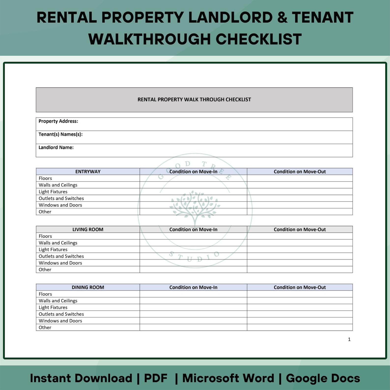 Landlord Tenant Walkthrough Checklist: Rental Property Inspection (PDF ...