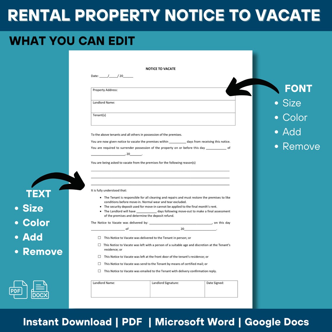 Landlord Notice to Vacate to Tenant | Eviction Notice | Editable MS Word Template | Printable ...