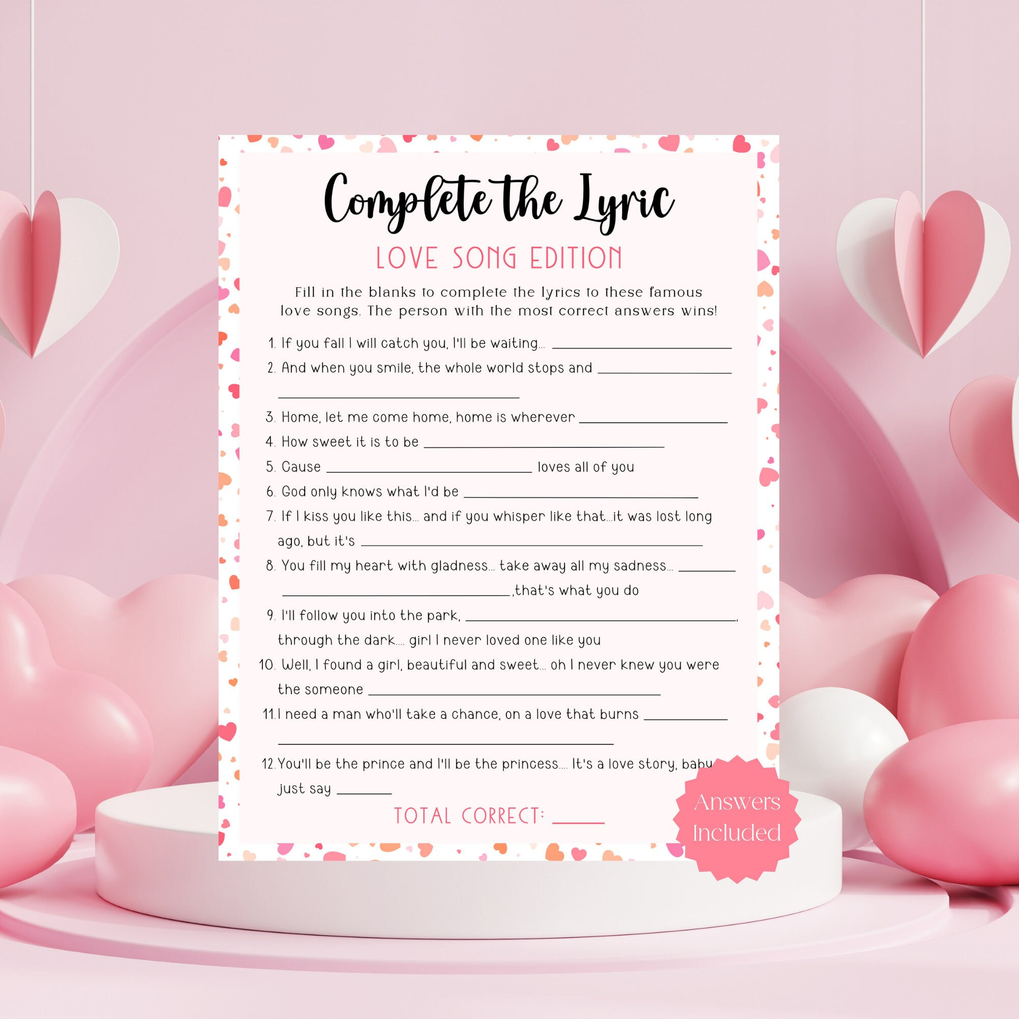 Valentines Day Complete the Lyric Printable Game, Printable Valentines ...