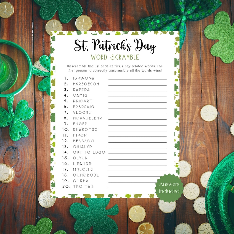 St. Patrick's Day Word Scramble Printable Game, Printable St. Patrick's ...