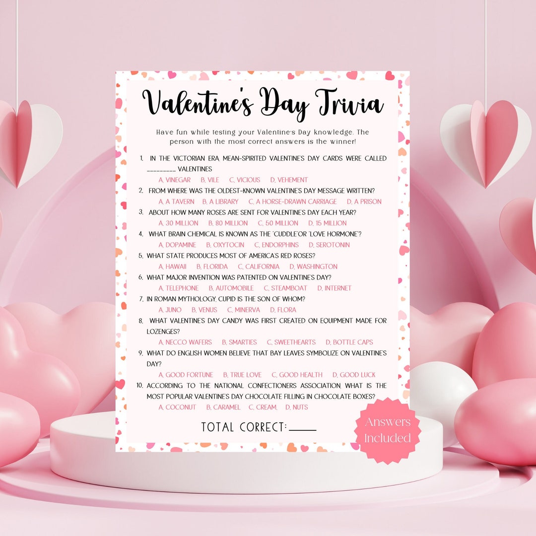 Valentines Day Trivia Printable Game, Printable Valentines Day Party ...