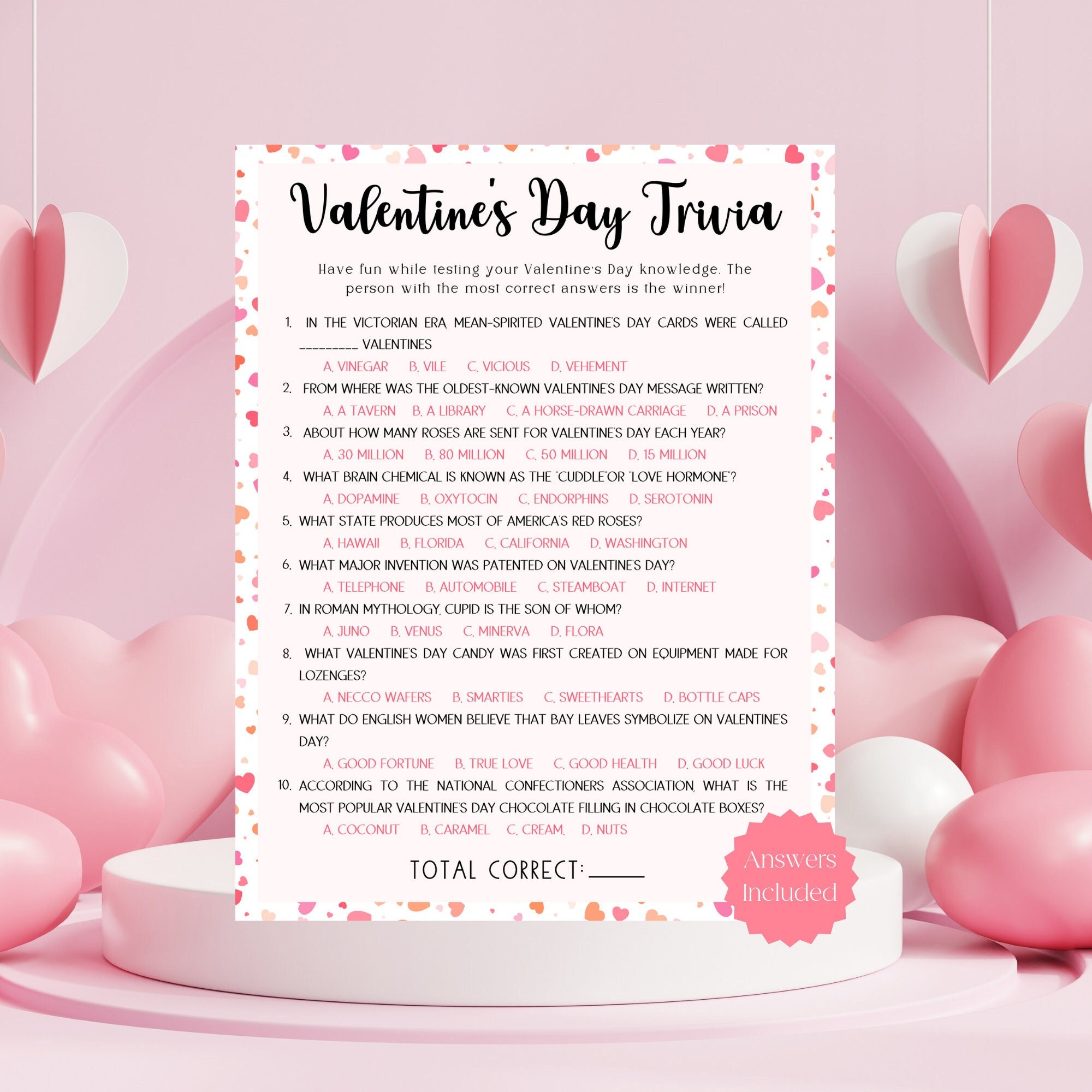 Valentines Day Trivia Printable Game, Printable Valentines Day Party ...