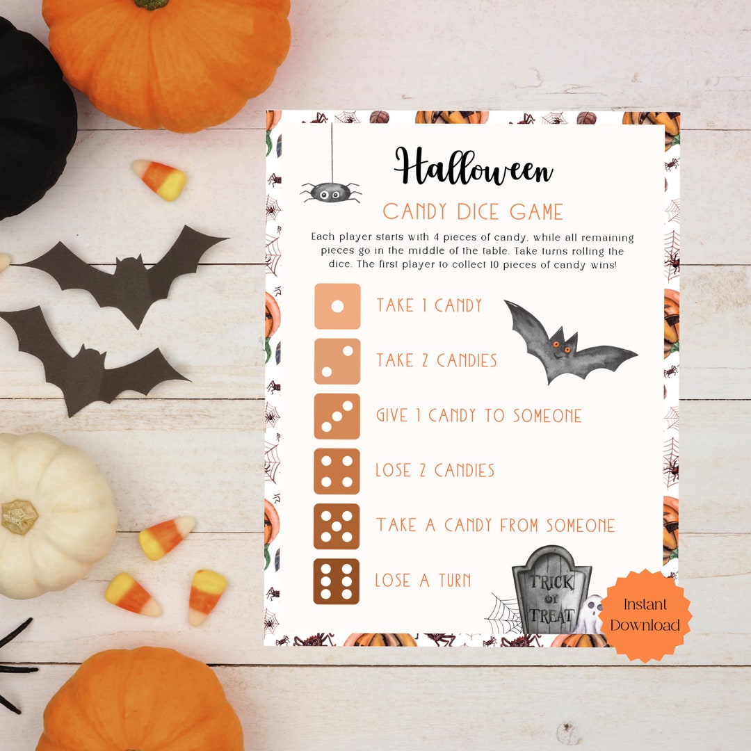 Halloween Candy Dice Printable Game, Printable Halloween Party Game ...