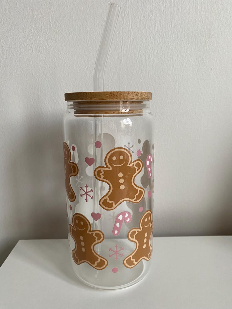 Gingerbread Man & Candy Cane Coffee Glass | Bamboo Lid | Sustainable ...