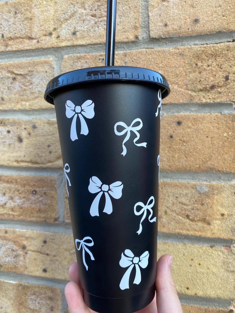 Black Cold Cup With White Bows | 24oz Reusable Tumbler - Etsy
