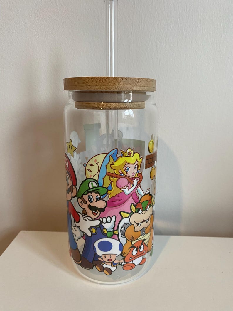 SMB Inspired Coffee Glass | Bamboo Lid | Cocktail Beer Water Drinks Cup ...