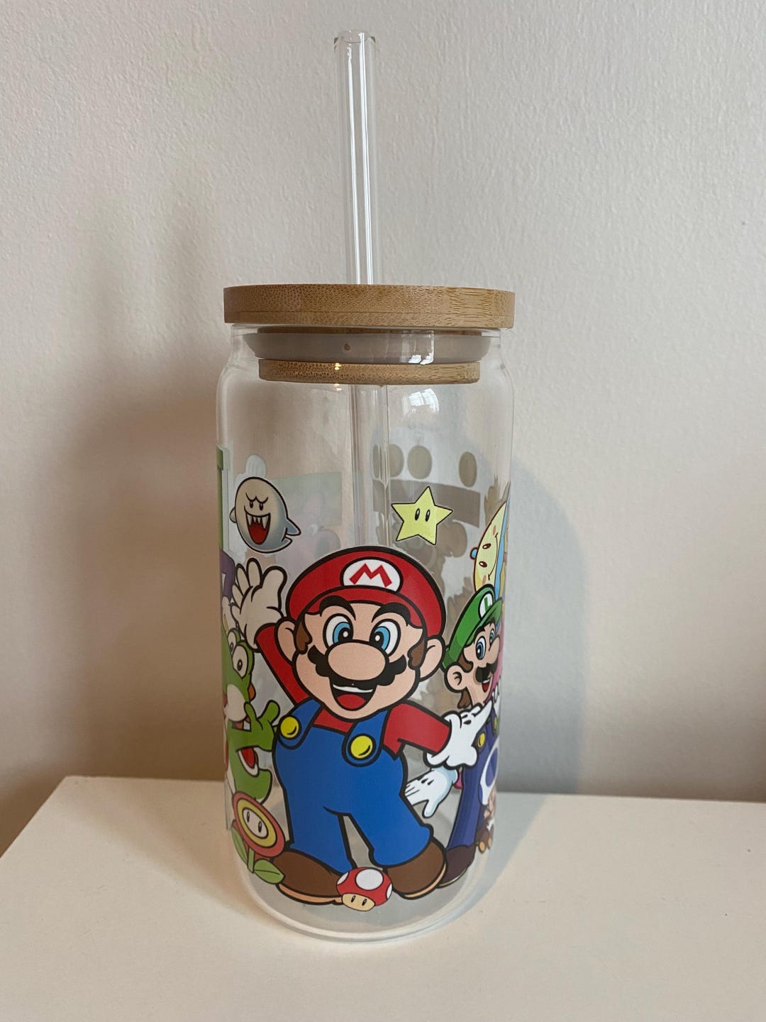 SMB Inspired Coffee Glass | Bamboo Lid | Cocktail Beer Water Drinks Cup ...