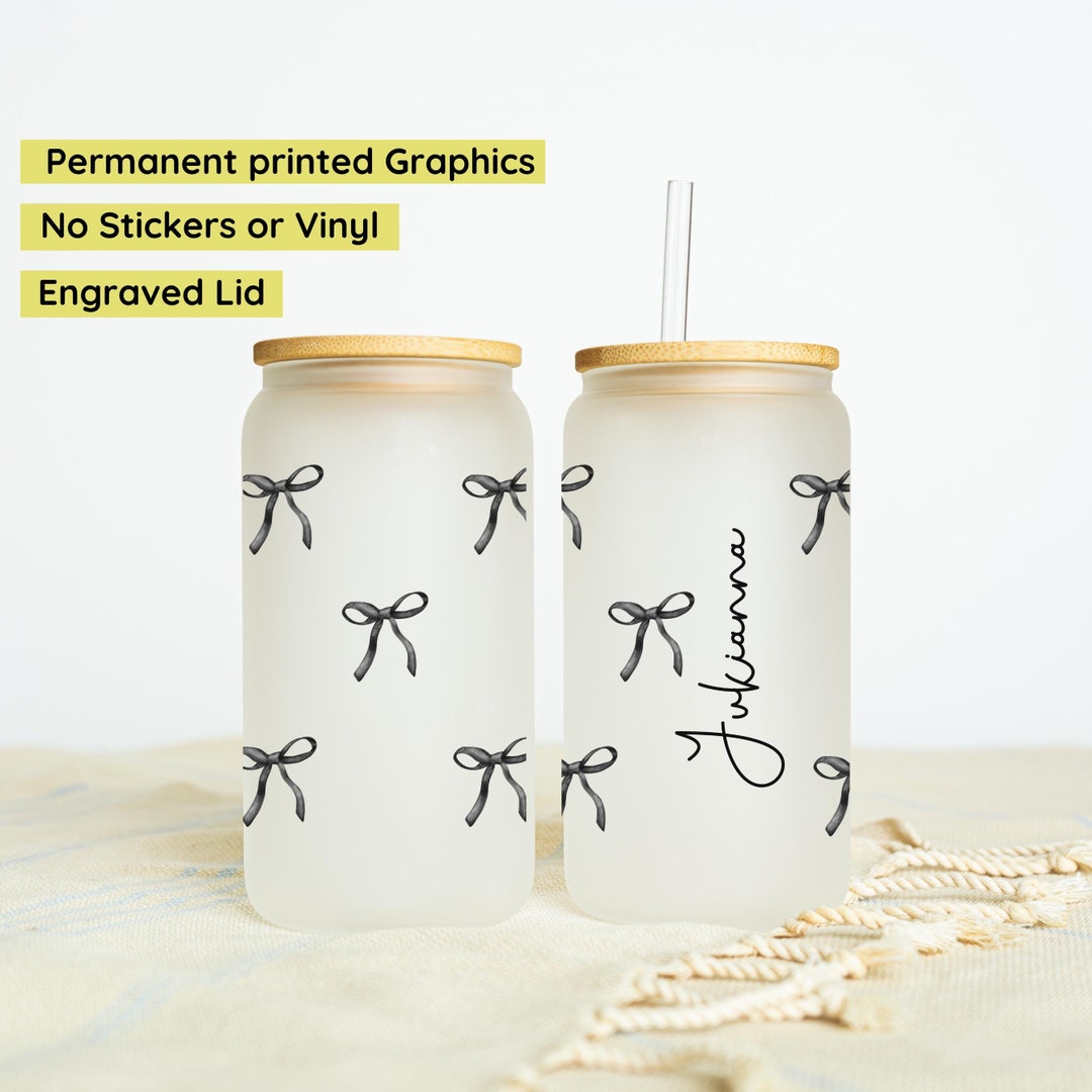 Personalized Girly Bow Cup, Black Bow Glass Tumbler, Iced Coffee Glass ...