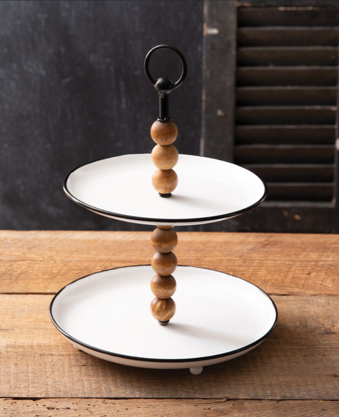 Distressed Farmhouse Two Tiered Tray Wood Beads and Metal Two-tier Tray ...