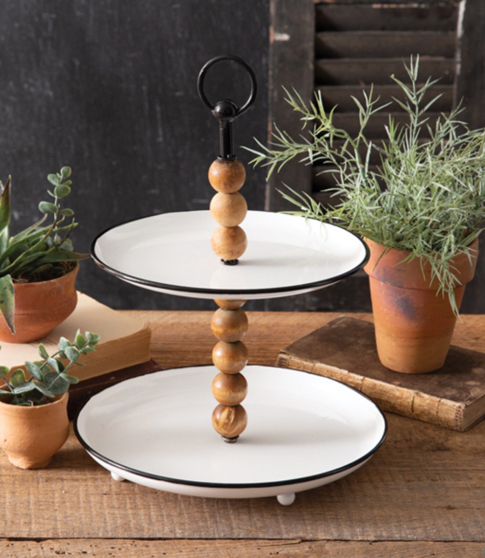 Distressed Farmhouse Two Tiered Tray Wood Beads and Metal Two-tier Tray ...