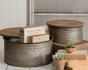 Set of 2 Wood & Galvanized Metal Boxes With Lids Handles - Etsy