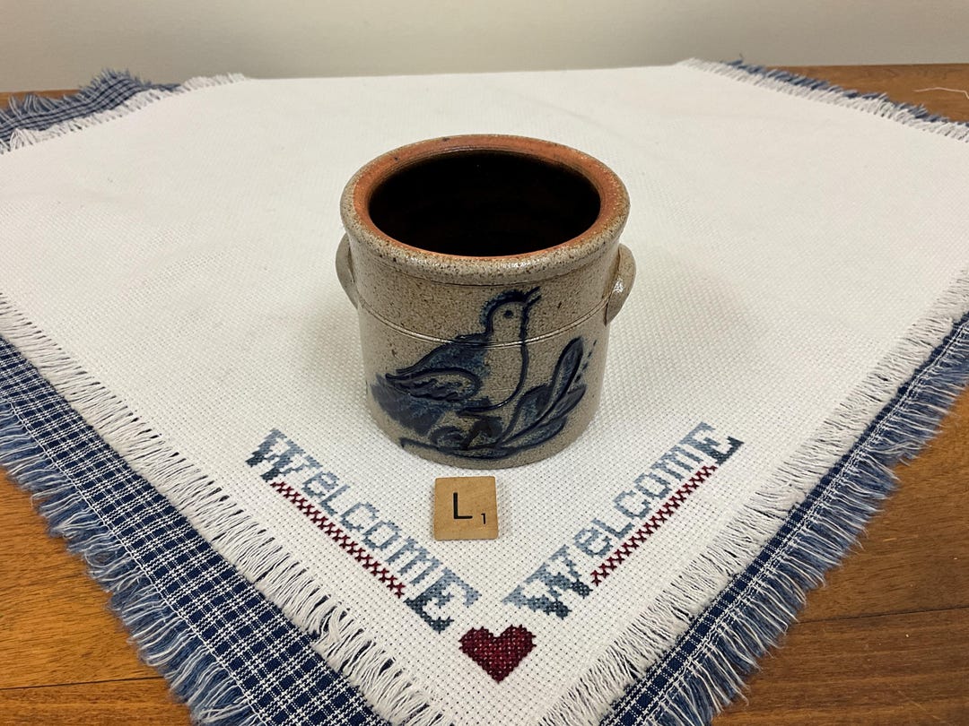 Rowe Pottery Works Cobalt Blue Bird, 3 Mini Crock With Handles ...