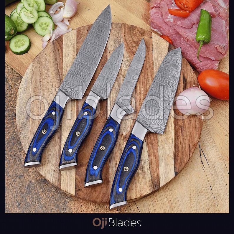 Master Chef 4 PC Damascus Steel Full Tang Kitchen Knife Set Custom Handmade Knife Set Blue ...
