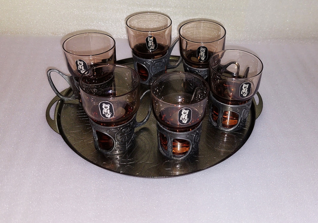 Set Six Shot Glasses, Metal Holders and Tray USSR CCCP Olympiad 1980 ...