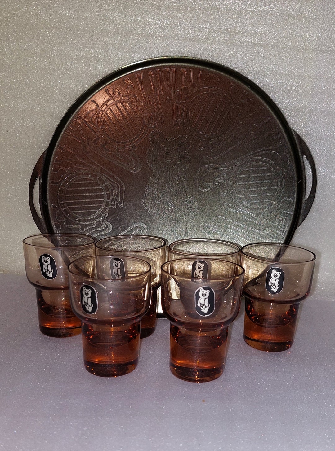 Set - Six Shot Glasses, Metal Holders and Tray USSR CCCP Olympiad 1980 ...
