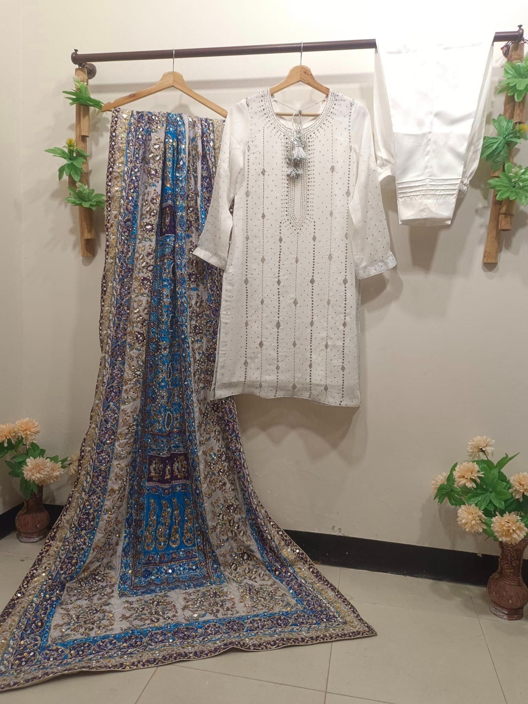 Handmade Silver Handwork Heavy Mirror Work Dupatta With Beautiful Suit ...