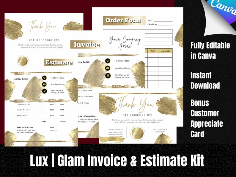 Lux Invoice Template Printable Bundle I Glam Canva Template I Editable ...
