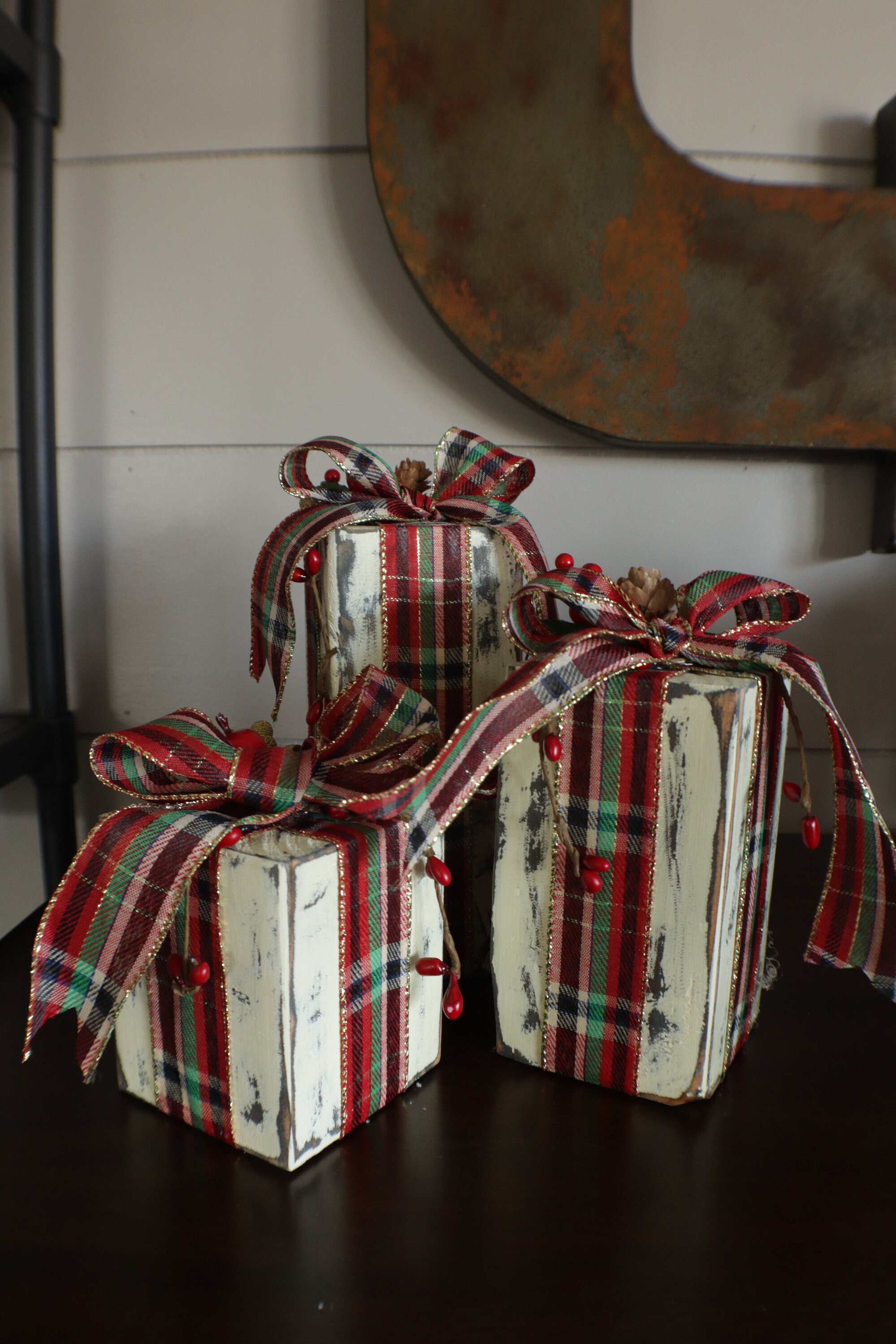 Rustic Creamy White Christmas Wood Present Box With Checkered Ribbon - Etsy