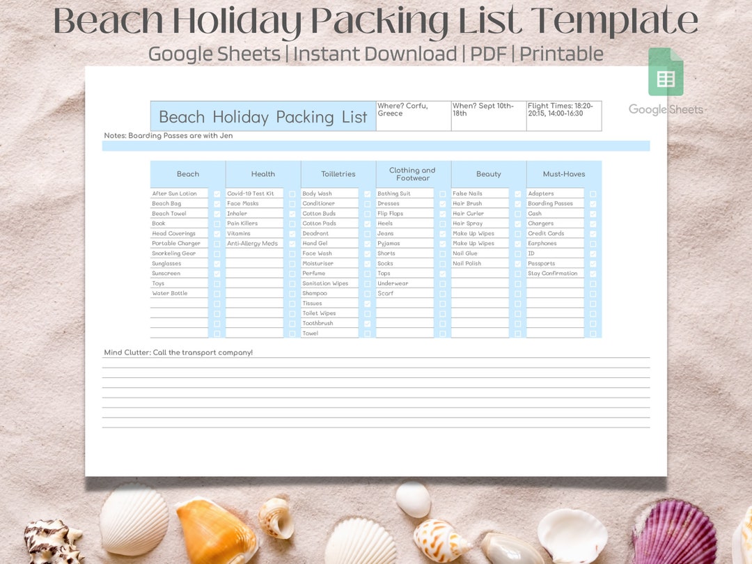 Beach Holiday Packing List Template Google Spreadsheet Instant Download ...