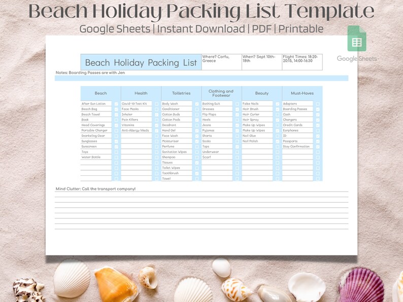 Beach Holiday Packing List Template Google Spreadsheet Instant Download ...