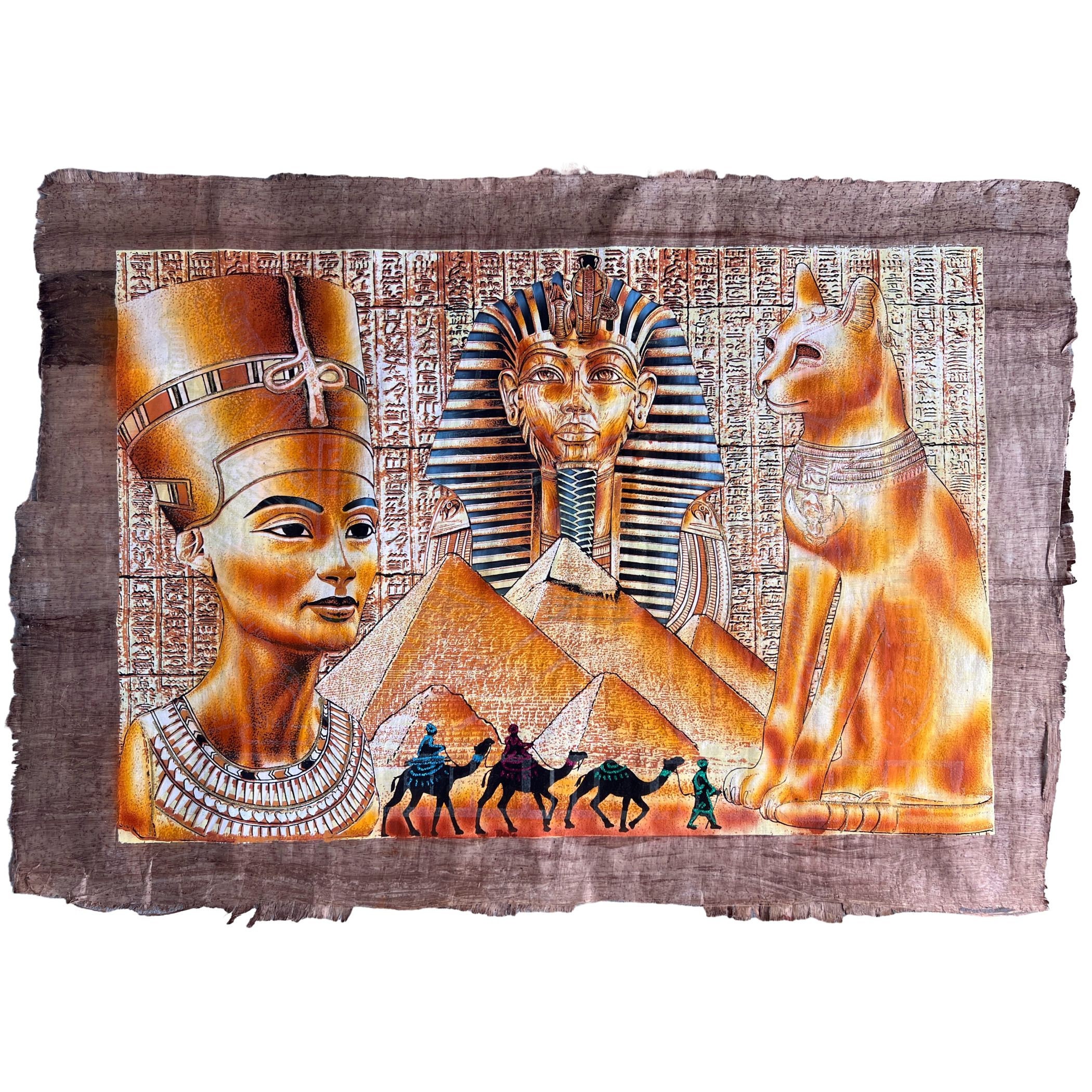 Nefertity, Tutankhamun & Bastet Painting on Antiqued Papyrus, Glow in ...