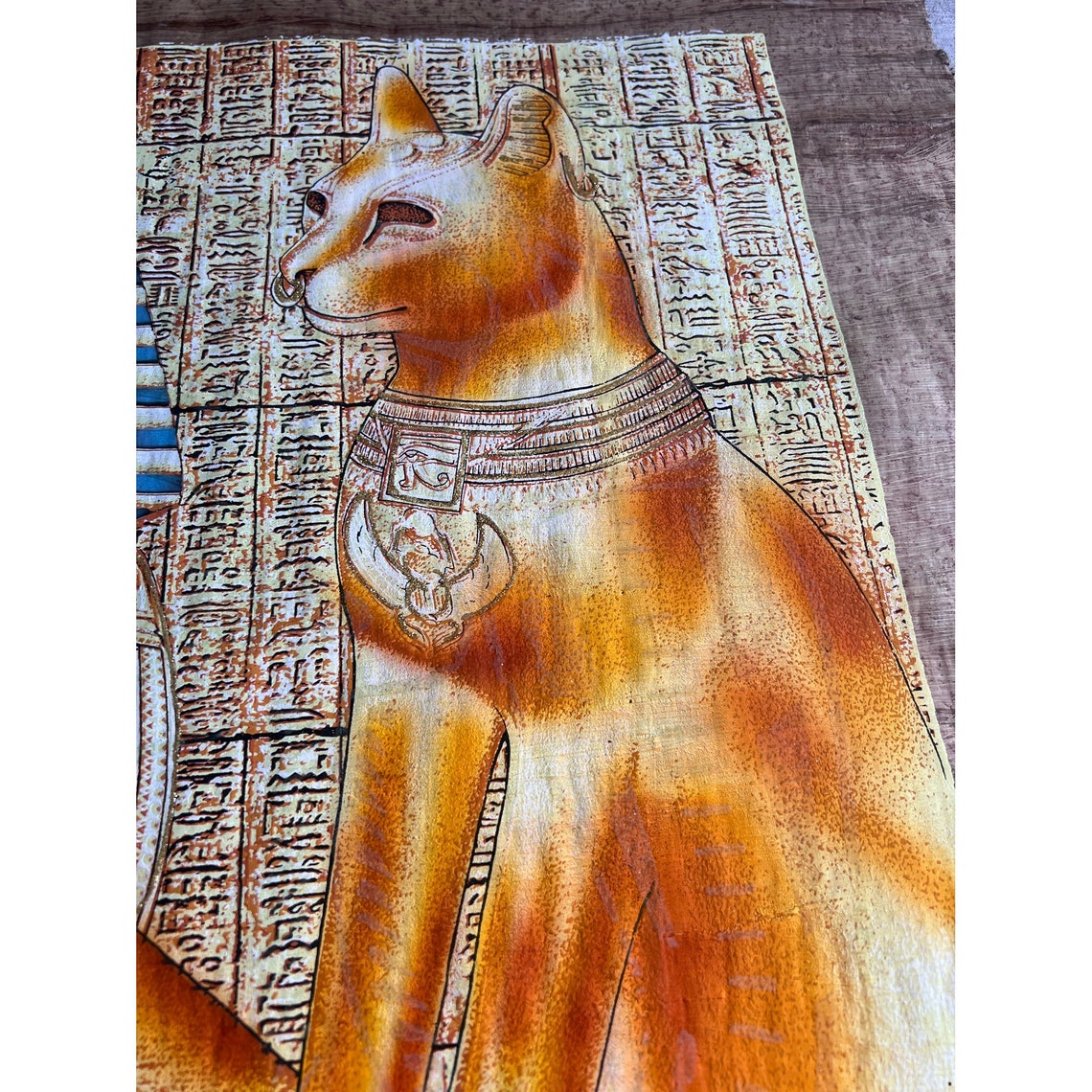 Nefertity, Tutankhamun & Bastet Painting on Antiqued Papyrus, Glow in ...