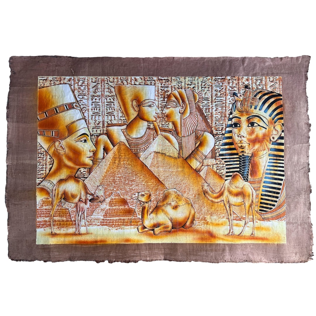 Nefertiti, Tut & Pyramids Painting on Antiqued Papyrus, Glow in Dark ...