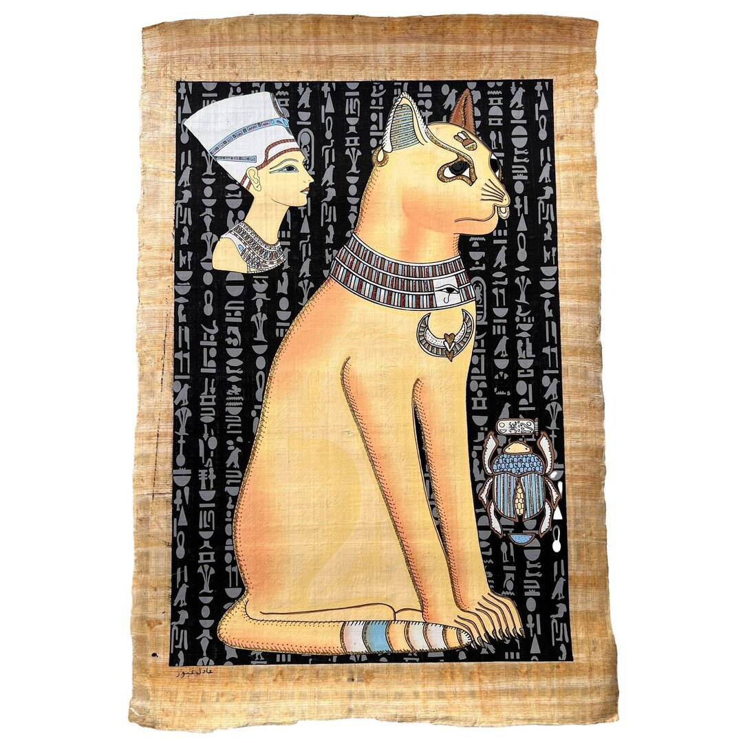 Large Wall Decor Egyptian Cat Bastet Goddess Painting on Papyrus ...