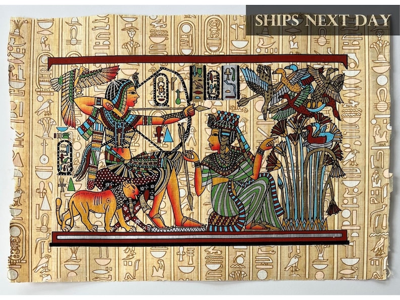 King Tut Hunting Papyrus Painting, Egyptian Hieroglyphic Art (17x13 ...