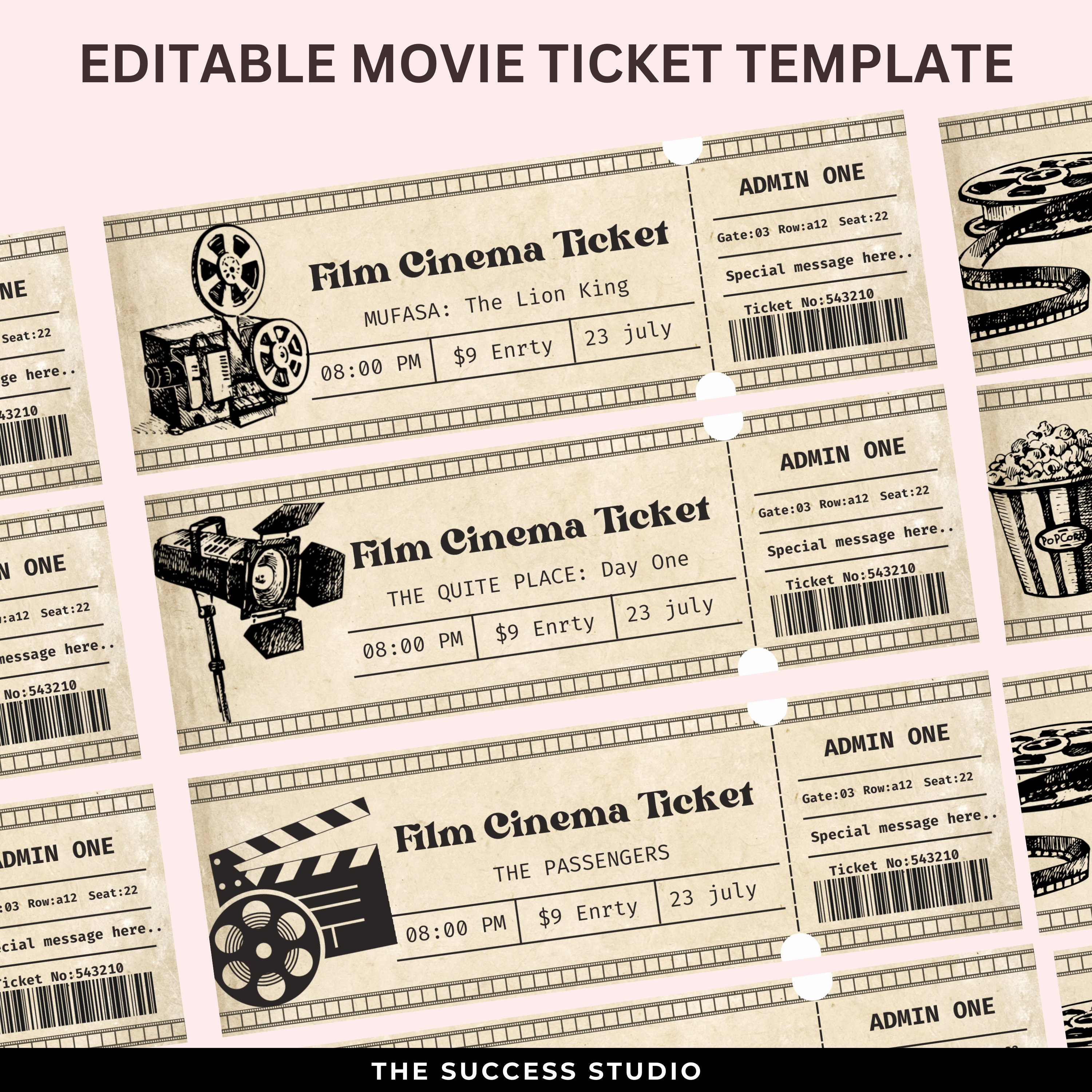Movie Ticket Invitation, Movie Ticket Template, Movie Ticket Place Card ...