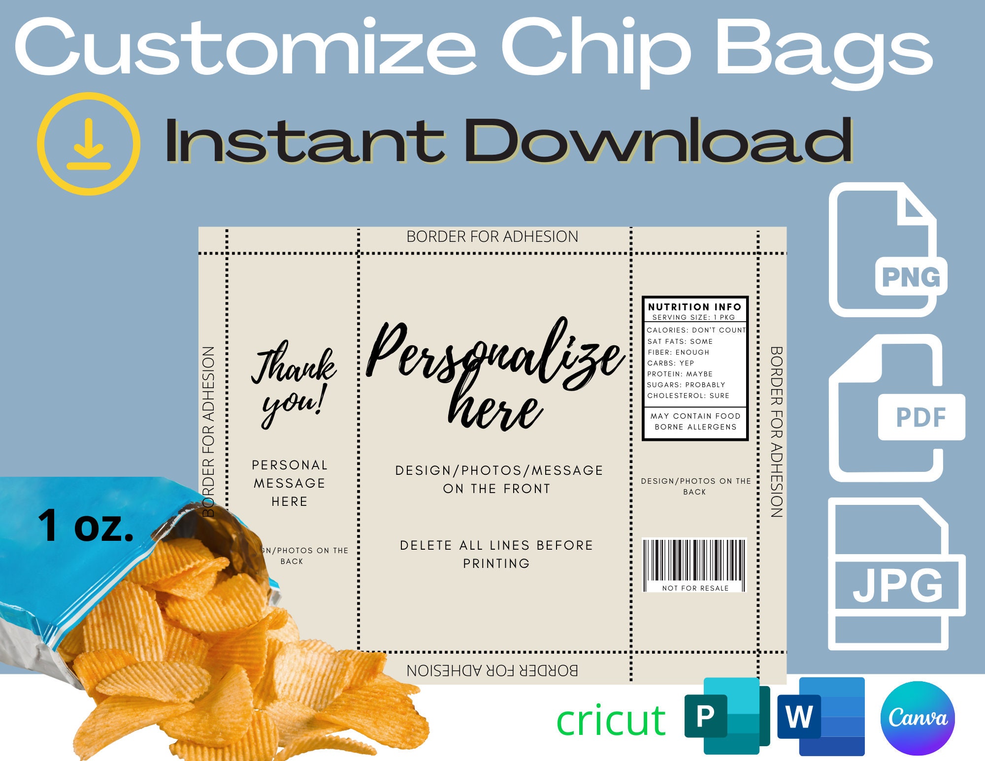 Custom Chip Bag Template, Editable Party Favor Wrapper, Printable Bag ...