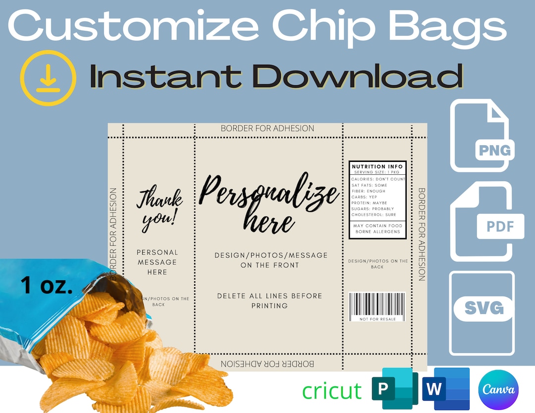 Custom Chip Bag Template, Editable Party Favor Wrapper, Printable Bag ...